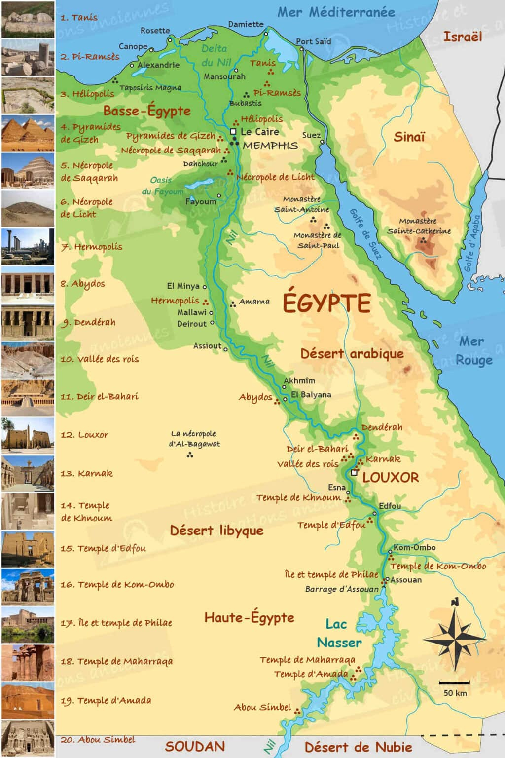 Carte de l'Égypte et des 20 Sites Antiques Principaux
